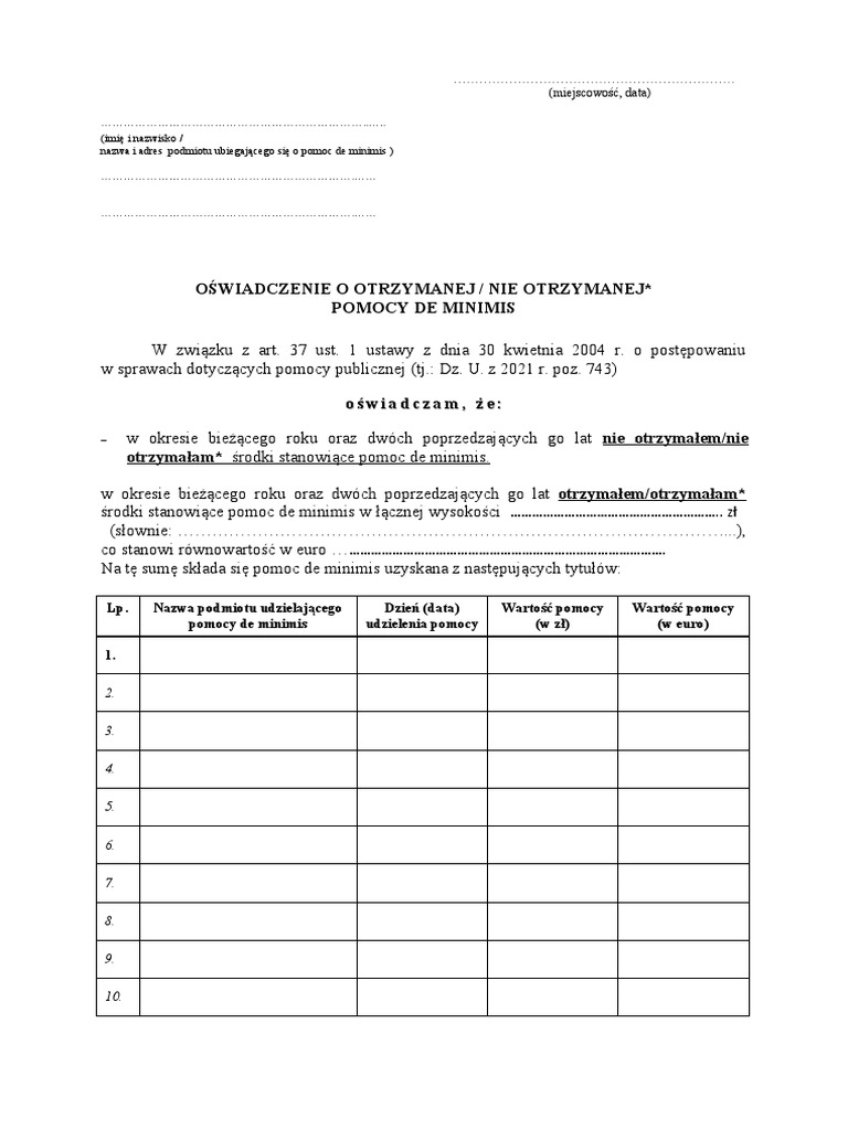 Oświadczenie o o Trzymanie Pomocy de Minimis | PDF