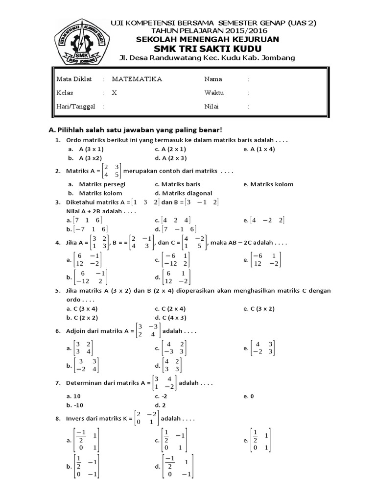 UAS 2, Matem Kls X, 15-16 | PDF