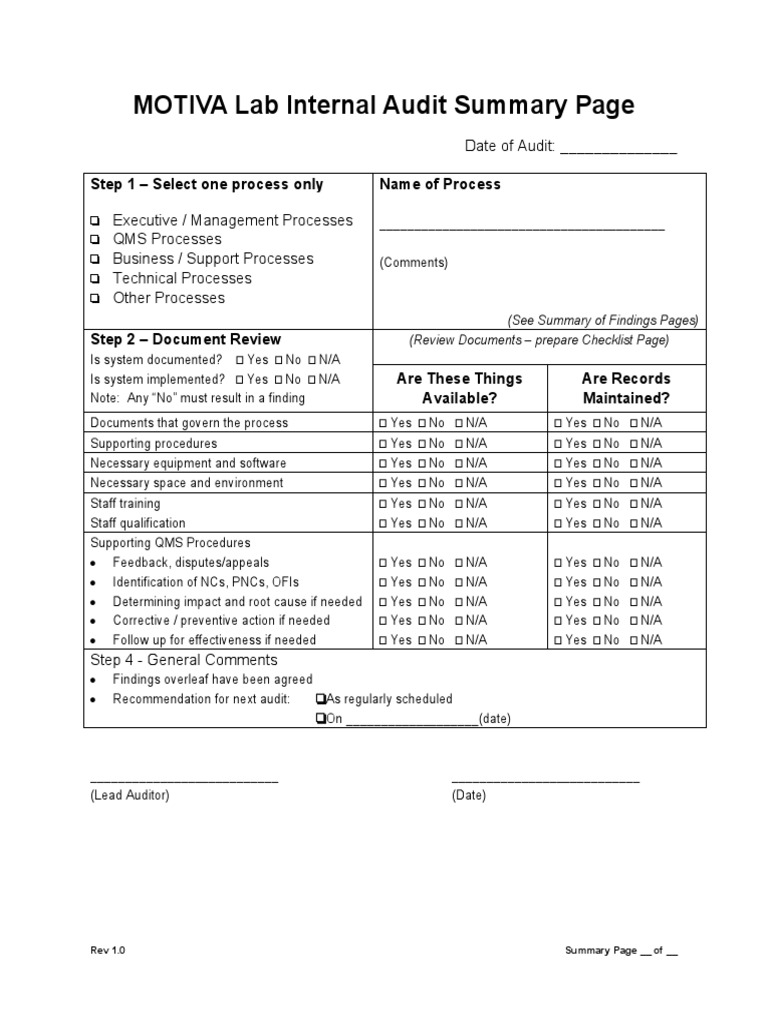 MOTIVA Lab Internal Audit Checklist | PDF | Quality Management System ...