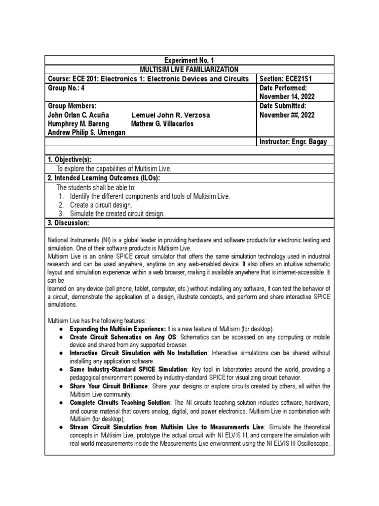 Group 4 Laboratory Experiment 1 Multisim Live Familiarization | PDF ... Group 4 Laboratory Experiment 1 Multisim Live Familiarization | PDF ...