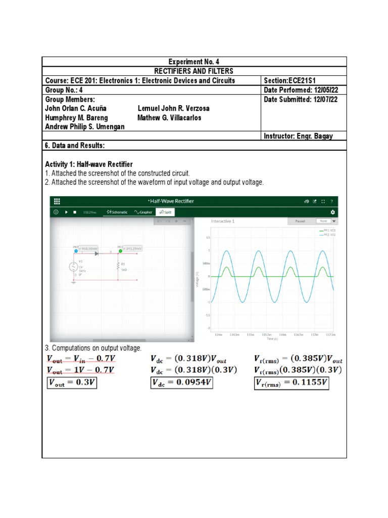 Group 4 Laboratory Experiment 4 Rectifiers and Filters | PDF ...