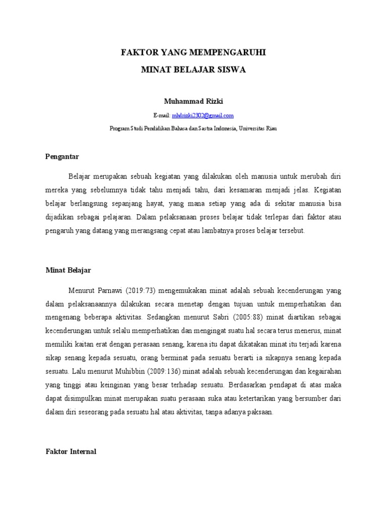 Faktor Yang Mempengaruhi Minat Belajar Siswa | PDF