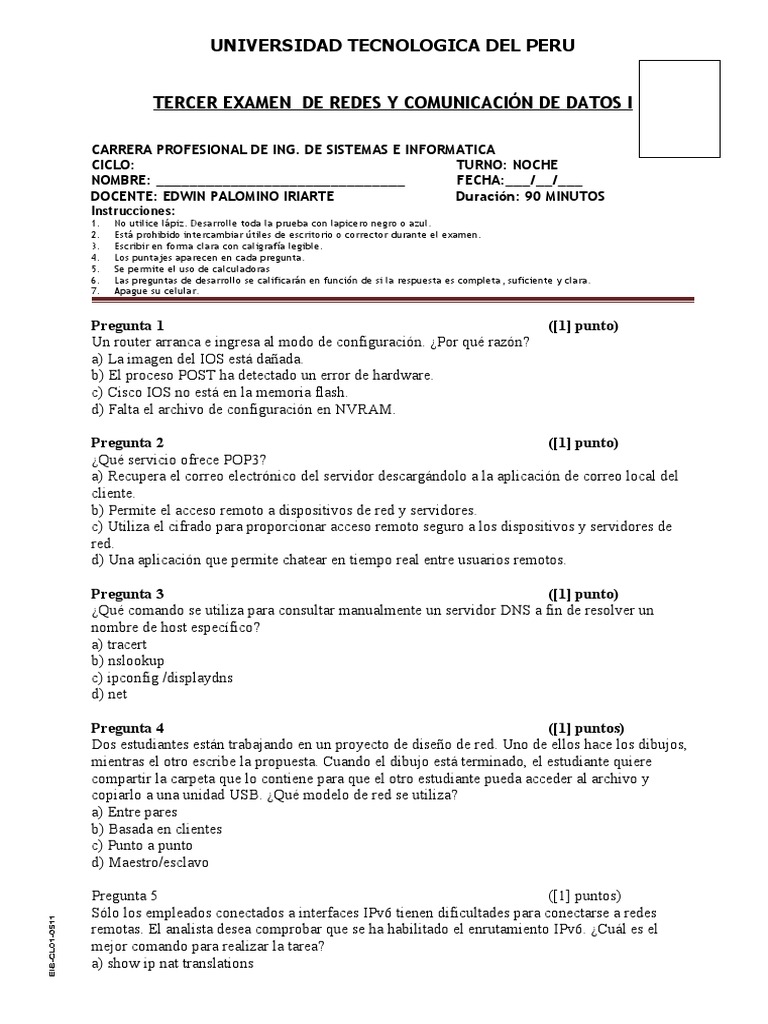 Utp RC Redes y Comunicaciones I Tercer Examen 2022 | PDF | Red de computadoras | Enrutador ...