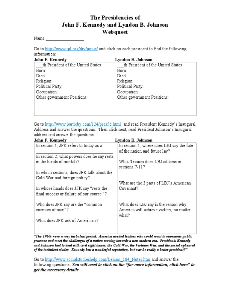JFK and LBJ Webquest | PDF | Lyndon B. Johnson | John F. Kennedy