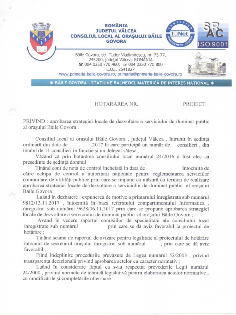 Proiect Hotarare Aprobare SD Iluminat Public | PDF