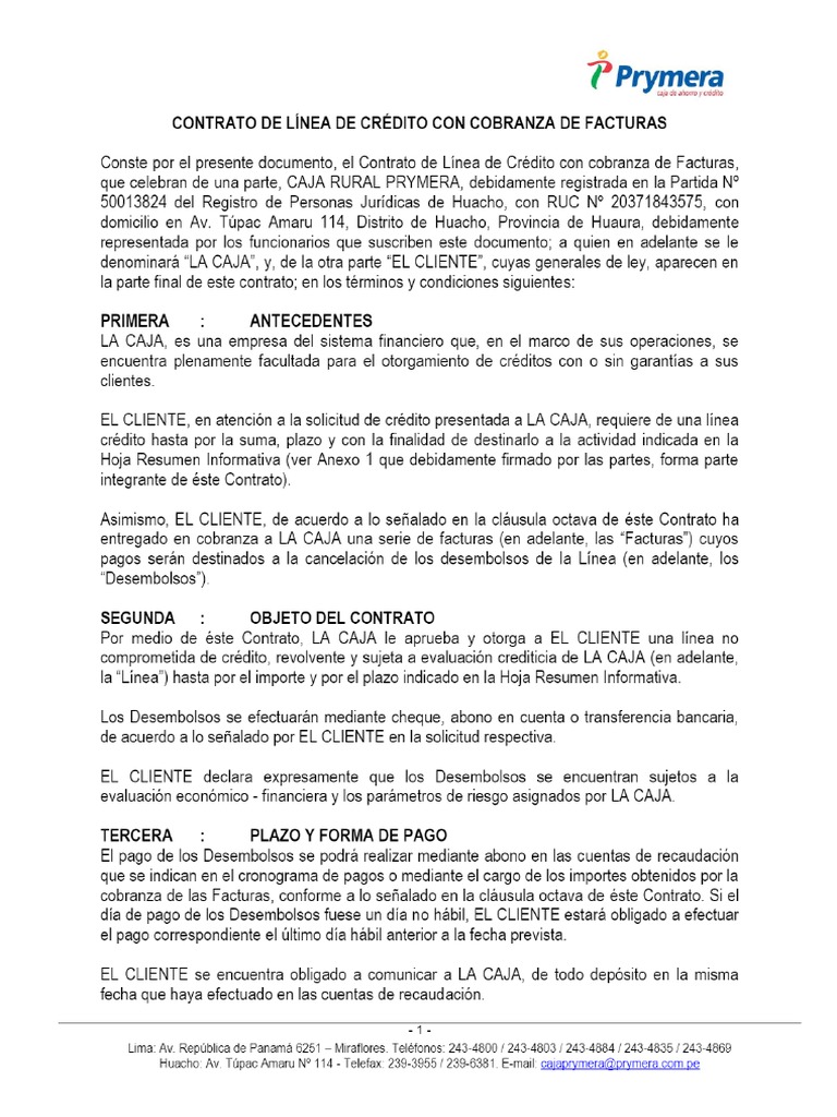 Contrato de Línea de Crédito Con Cobranza de Facturas - PDF | PDF
