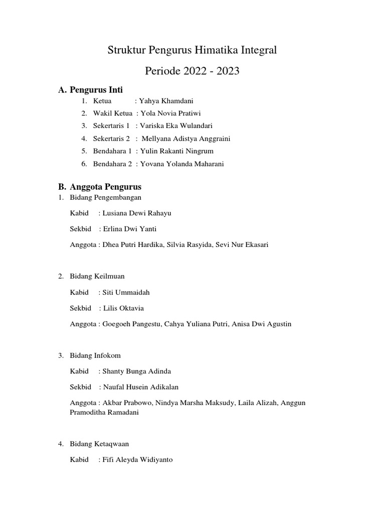 Struktur Pengurus Himatika Integral 2022-2023 | PDF