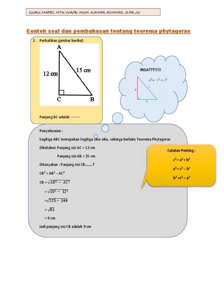 Contoh Soal Dan Pembahasan Tentang Teorema Phytagoras | PDF