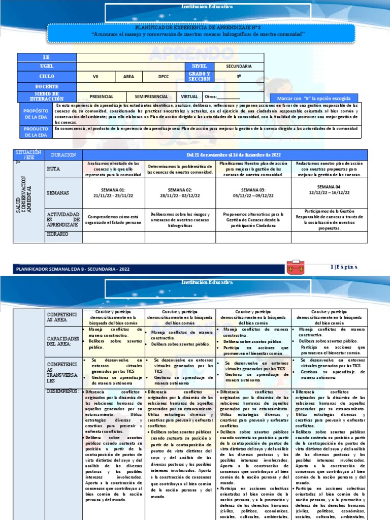 3º DPCC Planificador Semanal-Eda 8 - Sec 2022. | PDF | Familia | Sociedad