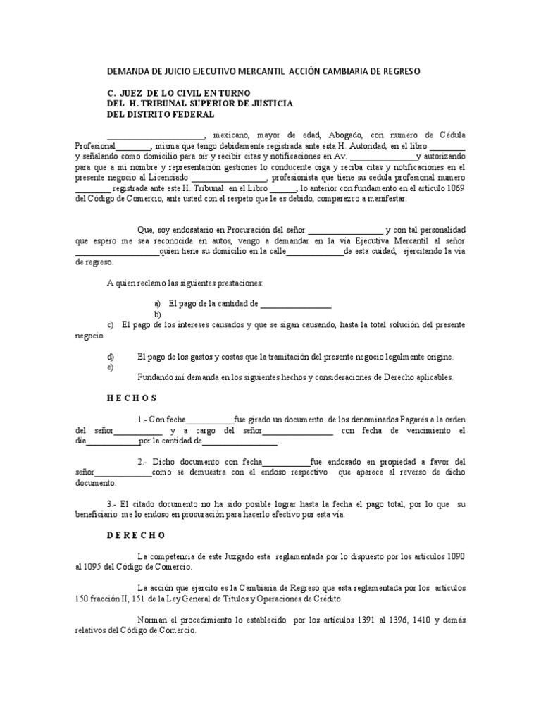 Demanda de Juicio Ejecutivo Mercantil Acción Cambiaria de Regreso | PDF ... Demanda de Juicio Ejecutivo Mercantil Acción Cambiaria de Regreso | PDF ...