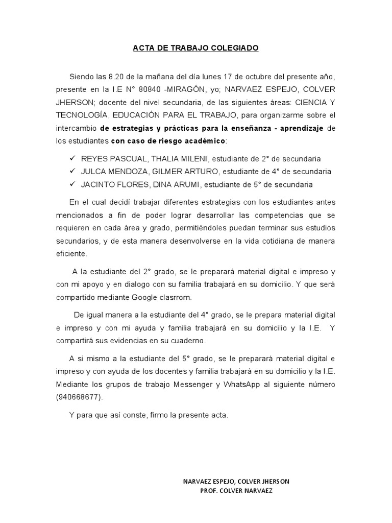 Acta de Trabajo Colegiado - Lunes | PDF