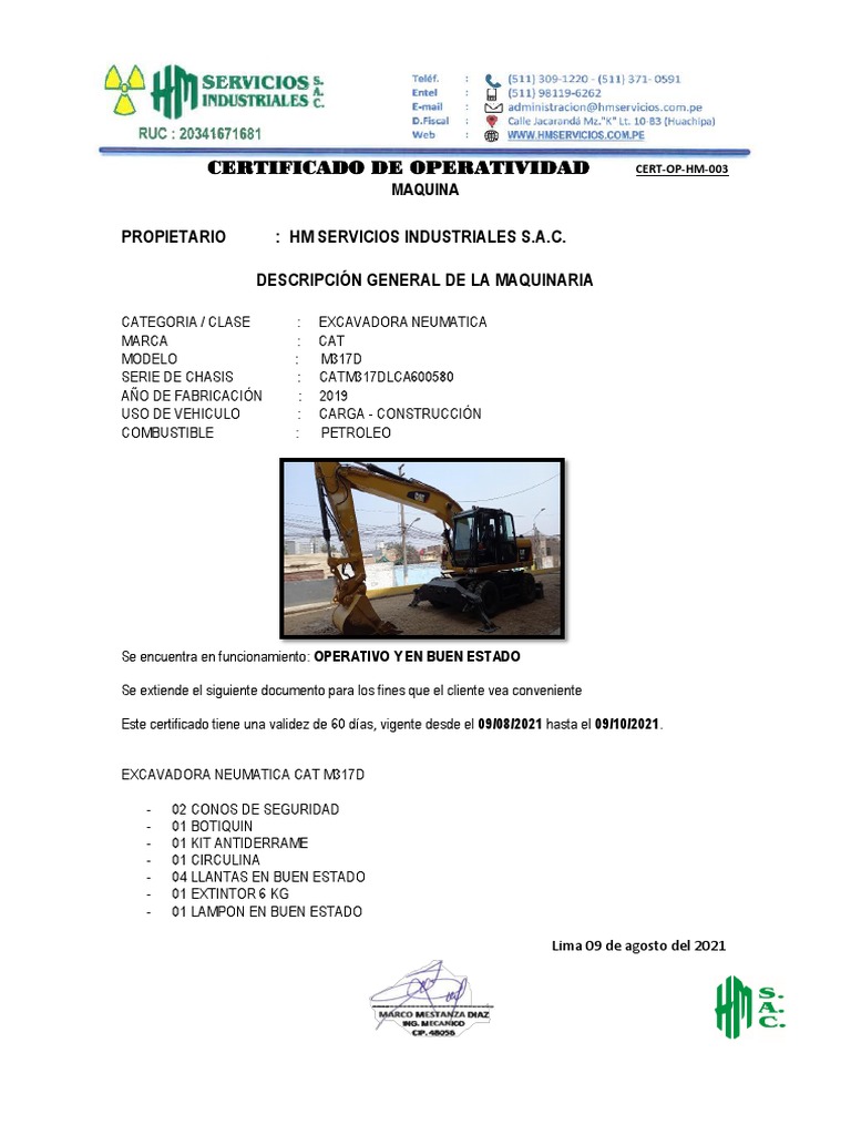 Certificado de Operatividad de Excavadora Cat | PDF