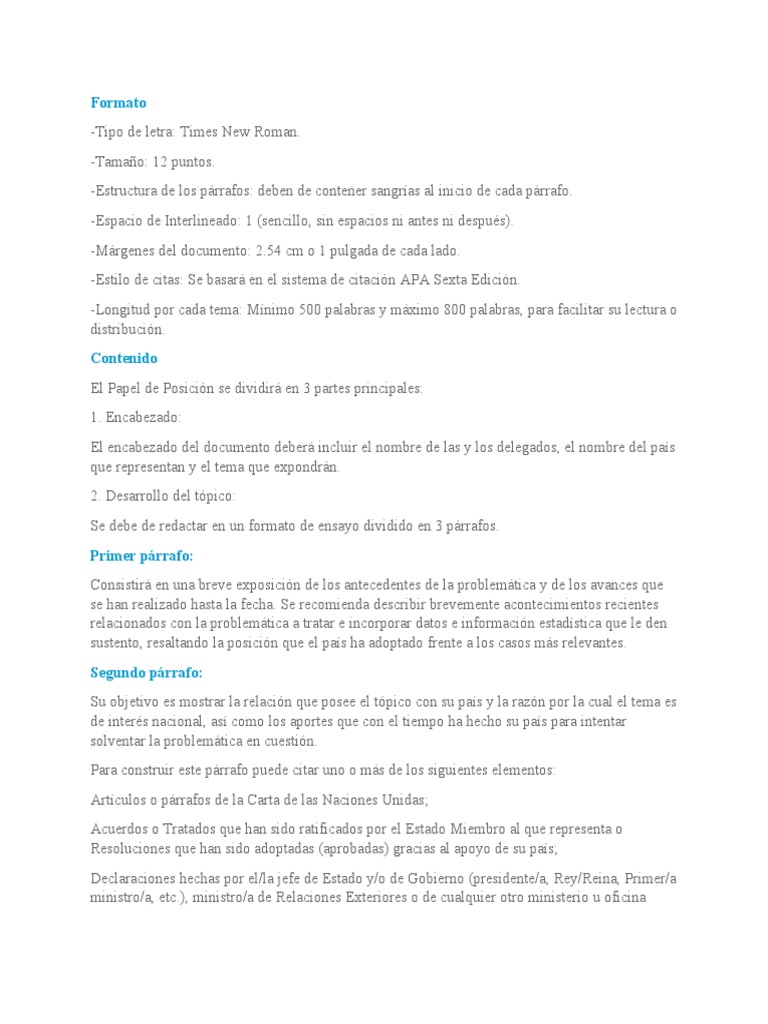 Formato Papel de Posicion | PDF | Naciones Unidas | Relaciones internacionales