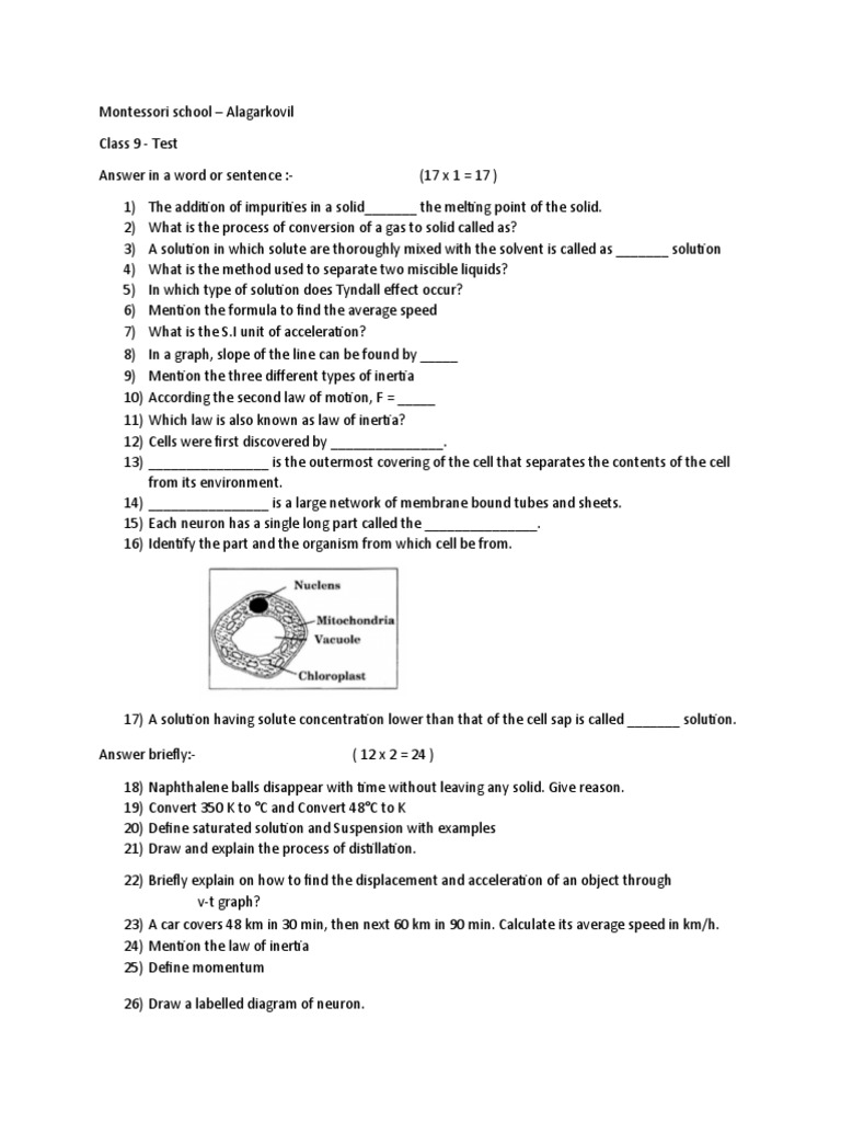 Class 9 - Question Paper (Final) | PDF | Tissue (Biology) | Water