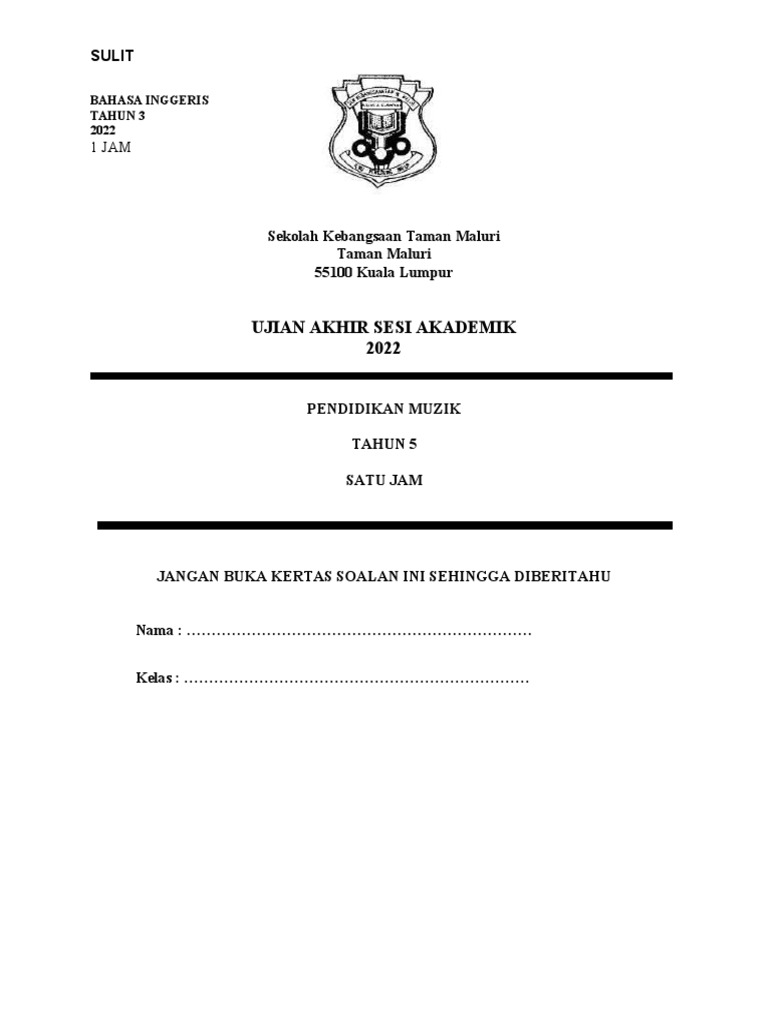 Cover Depan UASA Pendidikan Muzik Tahun 5 2022 | PDF