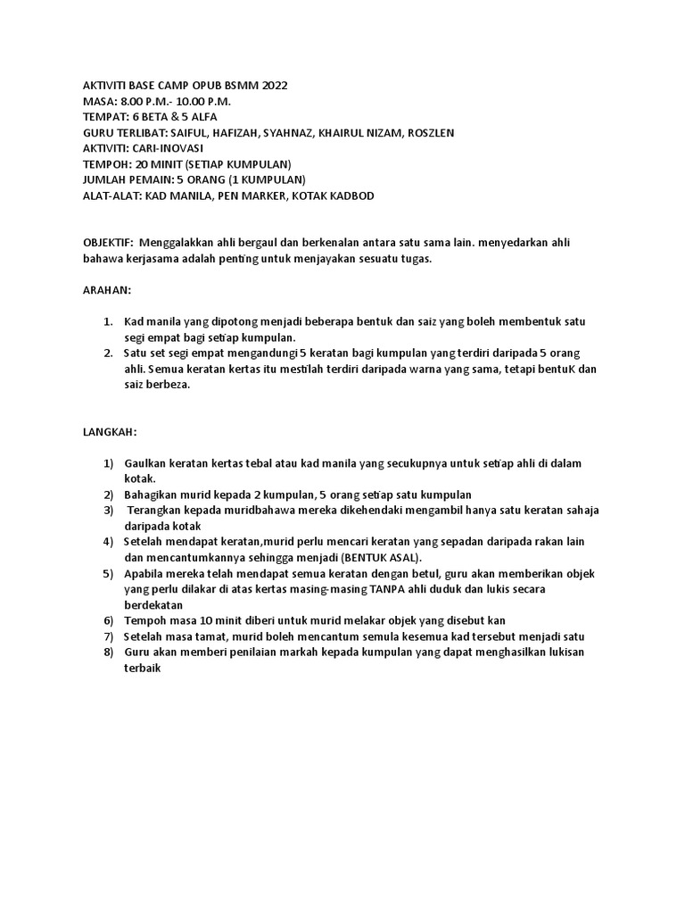 Aktiviti Base Camp Opub BSMM 2022 | PDF