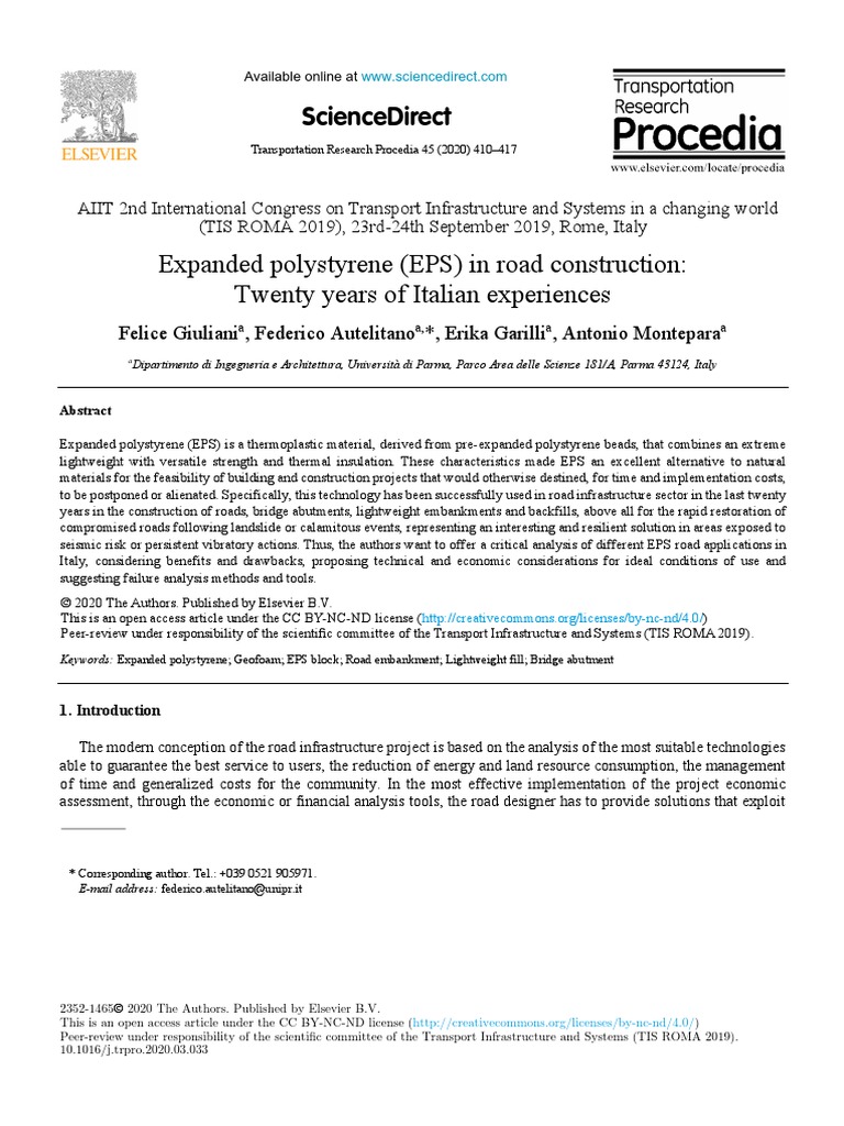 Expanded Polystyrene (EPS) in Road Construction-20 Years of Italian ...