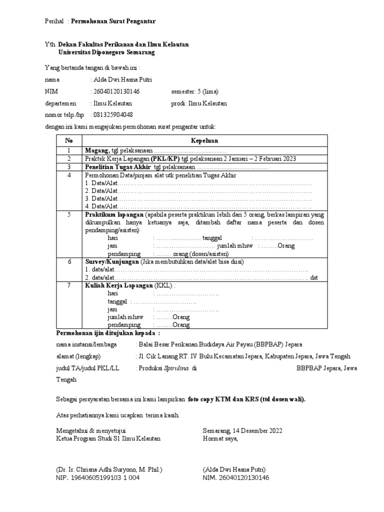 Form Surat Pengantar PKL Atau KP Penelitian FPIK | PDF | Kesehatan Holistik | Sains & Matematika
