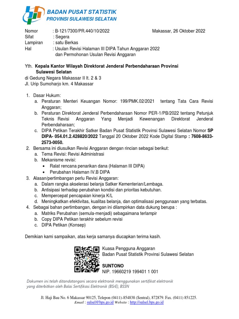 Surat Usulan Revisi DIPA DJPB Okt 22 | PDF