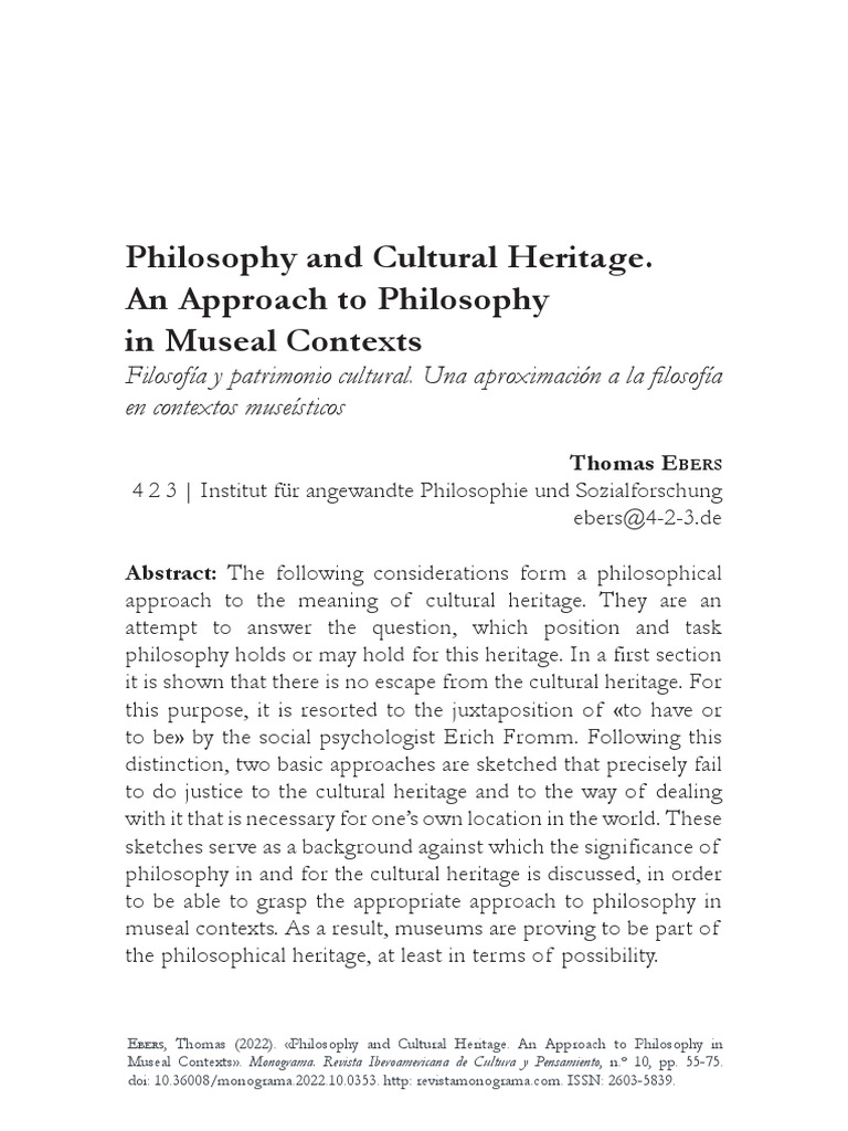 Philosophy and Cultural Heritage. An Approach To Philosophy in Museal ...