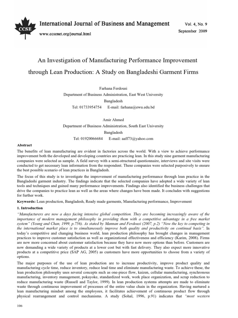 Manufacturing Performance Improvement Through Lean Production-2009 | PDF | Lean Manufacturing ...