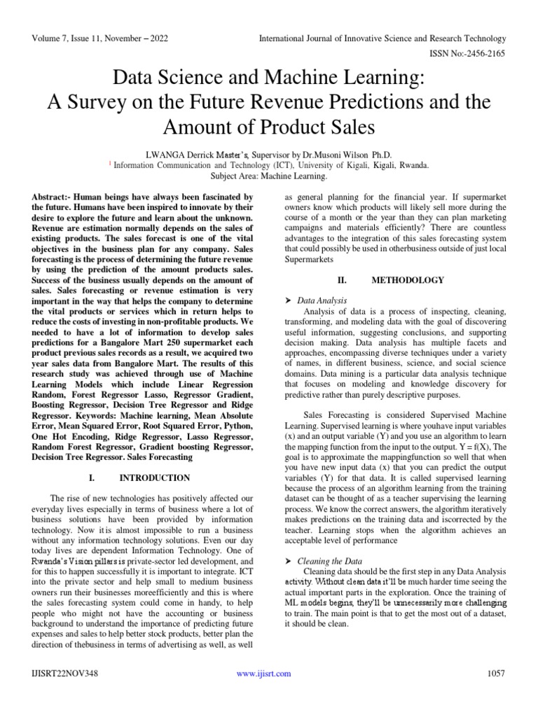 Data Science and Machine Learning A Survey On The Future Revenue ...