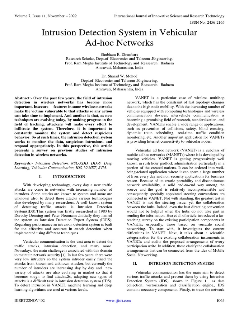 Intrusion Detection System In Vehicular Ad Hoc Networks Pdf Denial