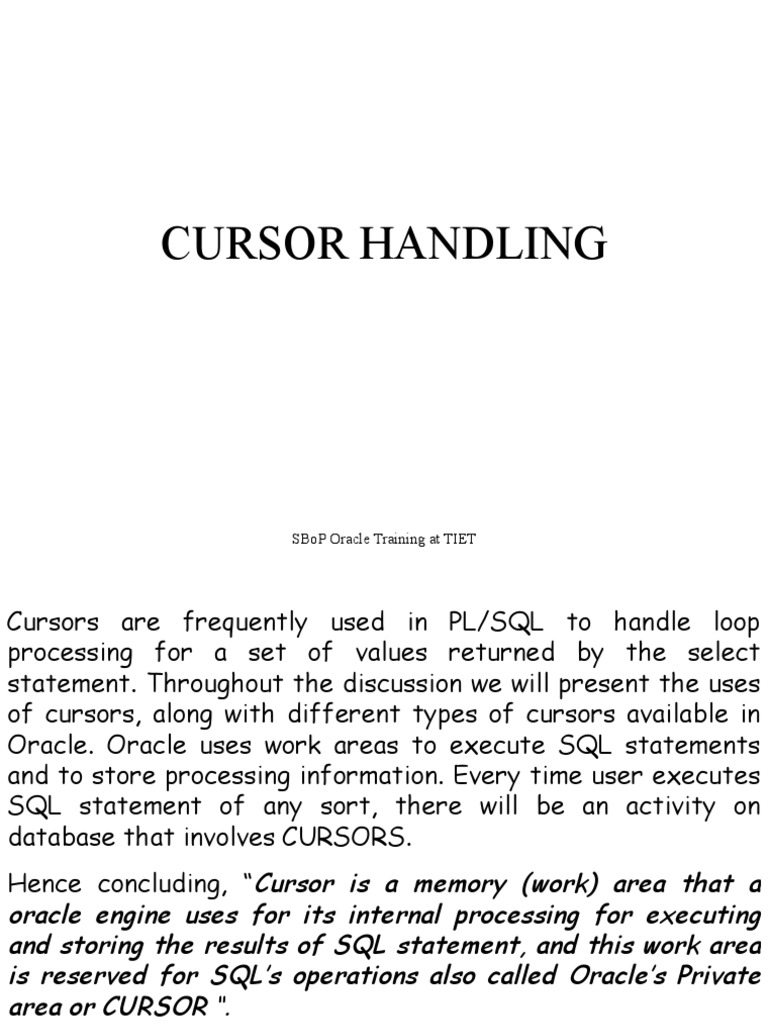 Cursor Handling: Sbop Oracle Training at Tiet | PDF | Pl/Sql | Oracle Database