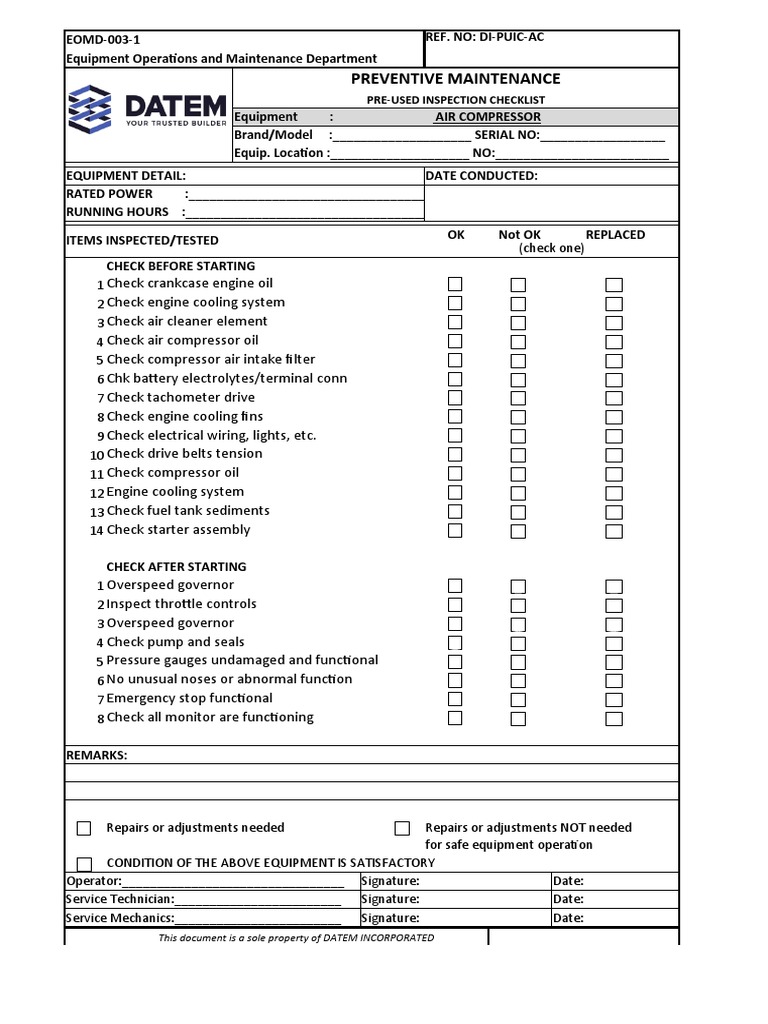 EMD-003-0 Pre-Used Inspection Checklist For Equipments | PDF | Crane ...
