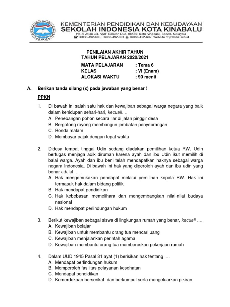 Soal PAT TEMA 6 Kelas 6 2021 | PDF