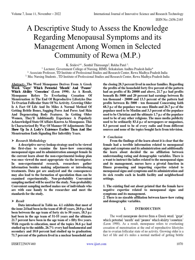 A Descriptive Study To Assess The Knowledge Regarding Menopausal ...