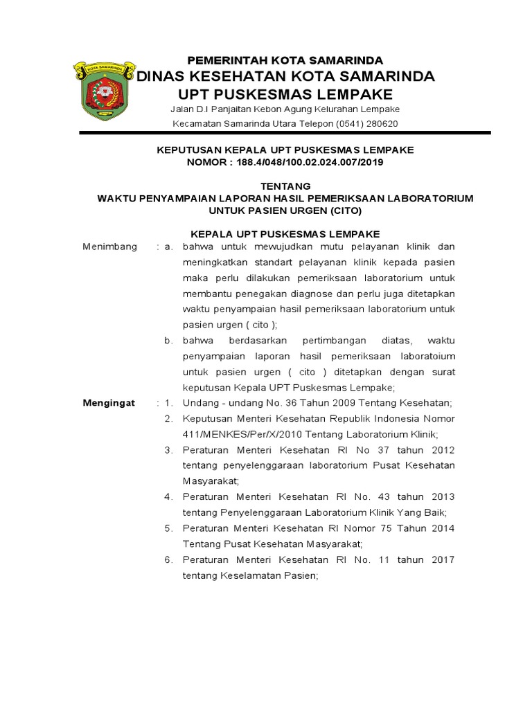 SK Waktu Penyampaian Laporan Hasil Lab Pasien Urgen (Cito) | PDF