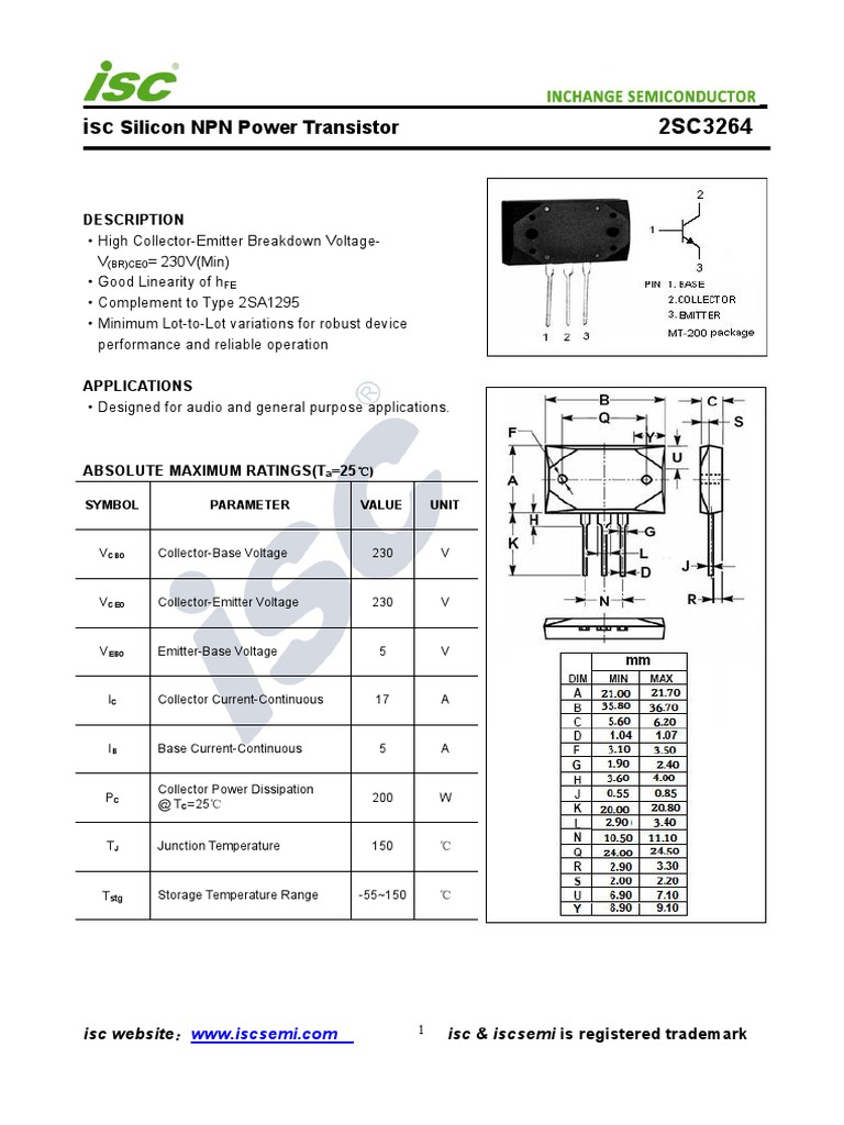 2 SC 3264 | PDF | Bipolar Junction Transistor | Information And ...