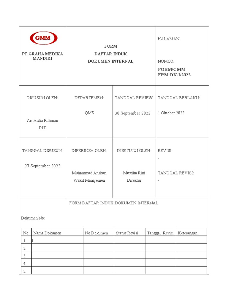 Form Daftar Induk Dokumen Internal | PDF