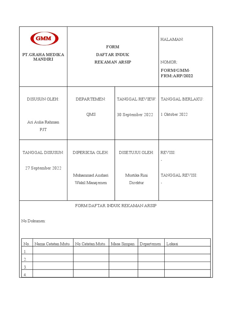 Form Daftar Induk Rekaman Arsip | PDF