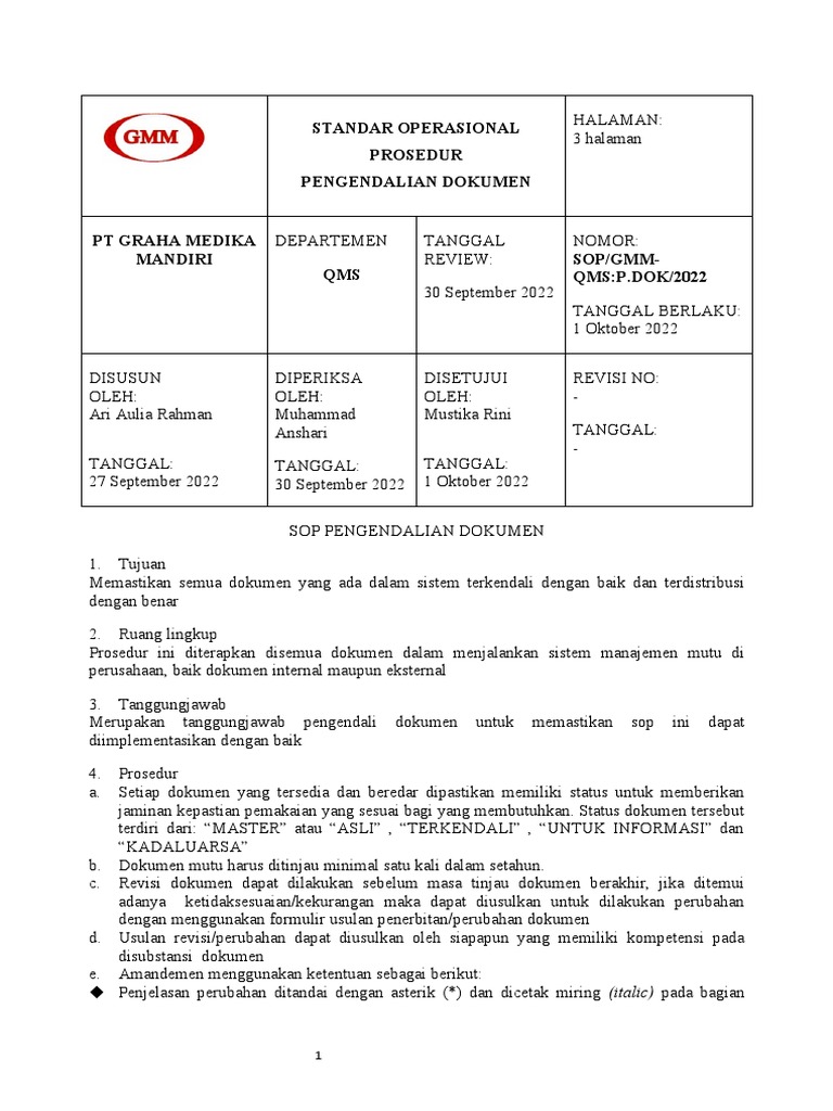 SOP Pengendalian Dokumen QMS PT Graha Medika | PDF