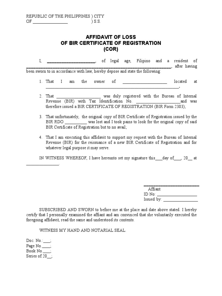 Affidavit of Loss - Certificate of Registration | PDF