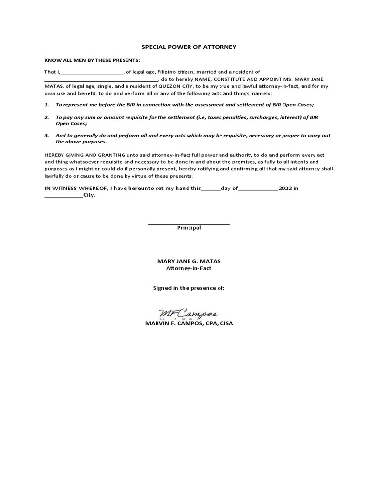 Special Power of Attorney for BIR Cases | PDF