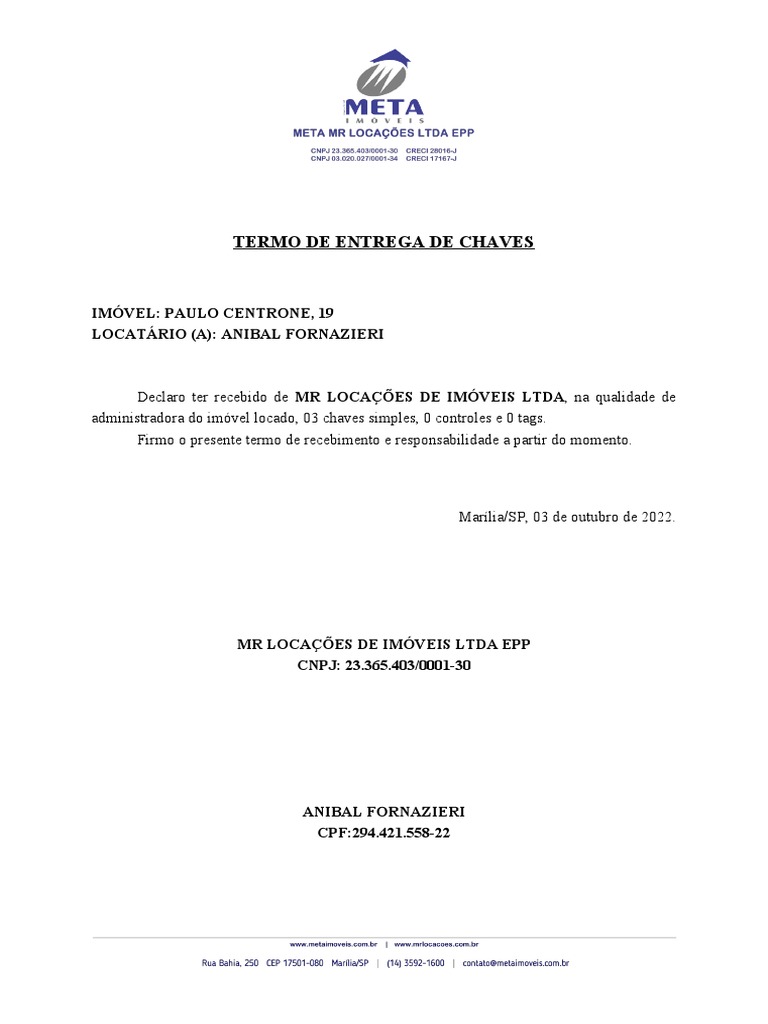 Termo de Entrega de Chaves | PDF