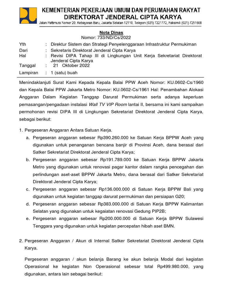 Nota Dinas Ses Revisi III DIPA-2 | PDF | Teknologi & Rekayasa Nota Dinas Ses Revisi III DIPA-2 | PDF | Teknologi & Rekayasa