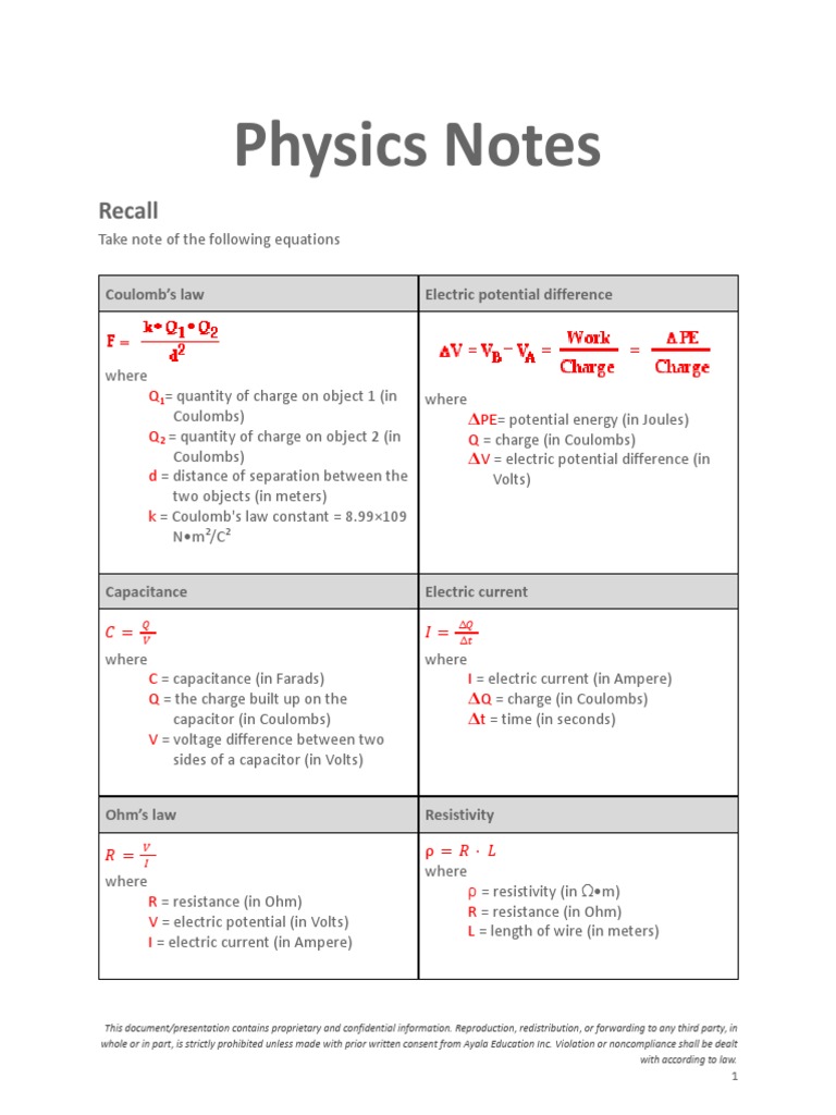 Physics - Notes | PDF | Volt | Capacitance