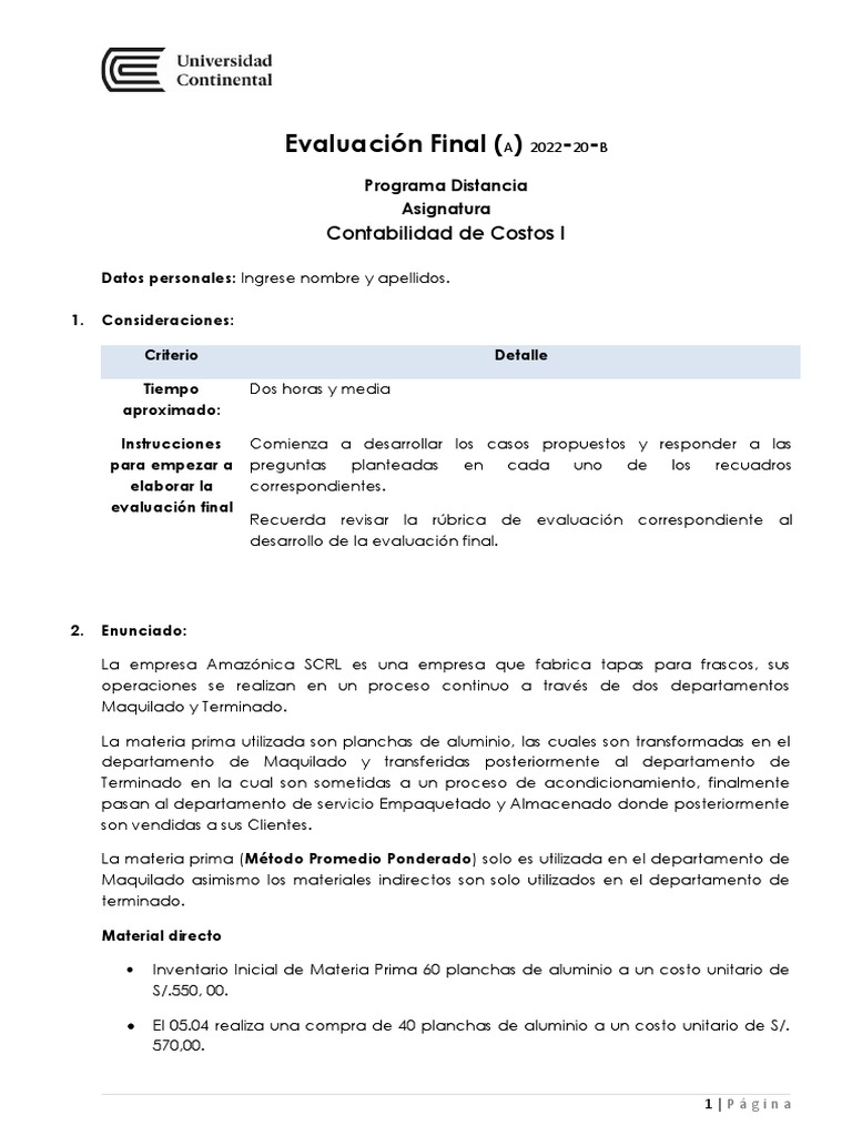 Contabilidad de Costos 1 - Examen Final Desarrollo | PDF | Inventario | Producción y fabricación