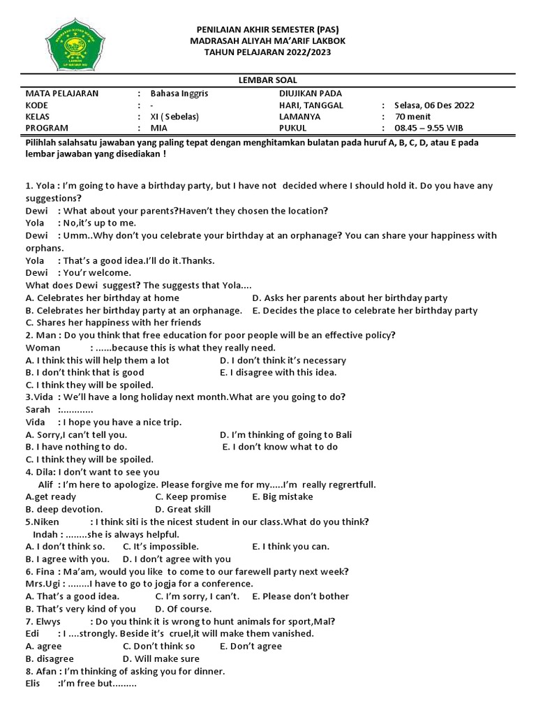Soal B. Inggris Kelas Xi.. | PDF