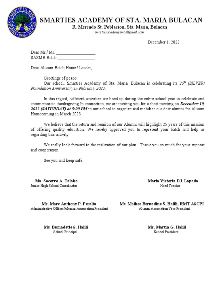 Letter SASMB Alumni | PDF | Wellness