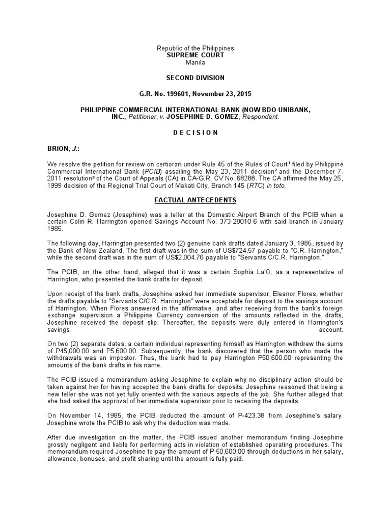 LAW 3100 - Persons & Family Relations - JD 55. G.R. No. 199601 - BDO vs. Gomez - Full Text | PDF ...