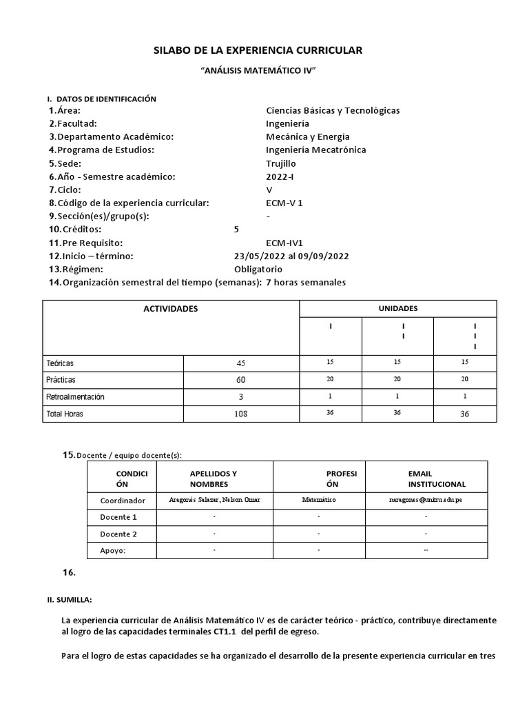 05 Silabo ANAÌ LISIS MATEMAÌ TICO IV | PDF | Transformada de Fourier | Transformada de Laplace