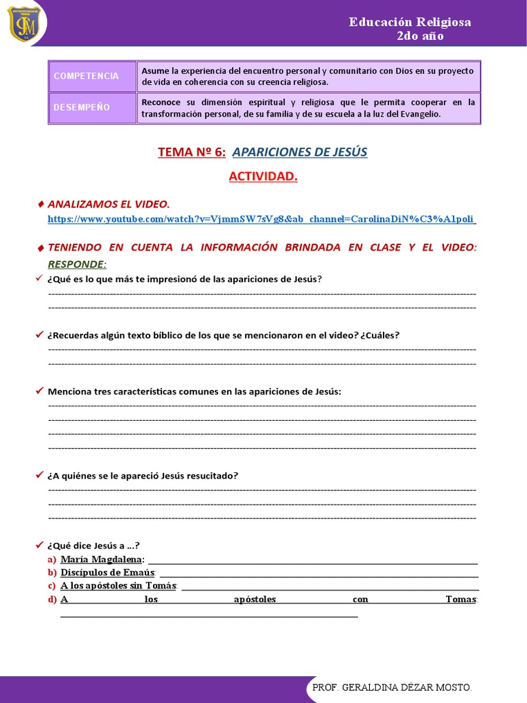 Actividad de Religión - Segundo Año - Apariciones de Jesus | PDF | La ...