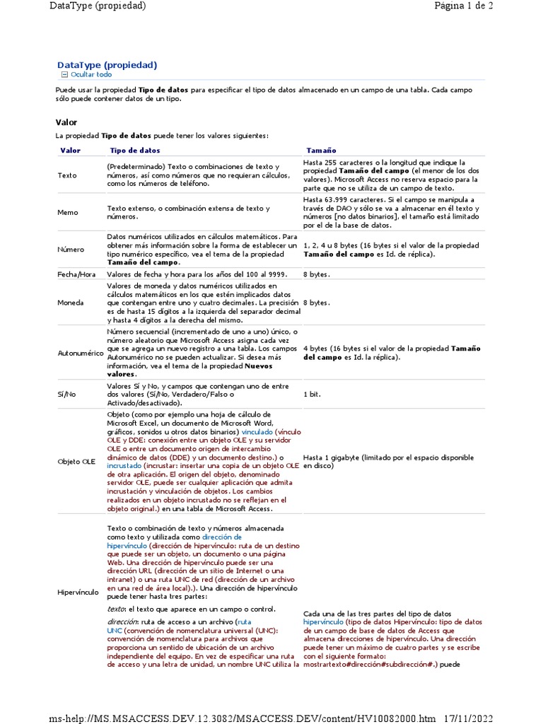 Datatype (Propiedad) : Valor | PDF | Hipervínculo | Archivo de computadora
