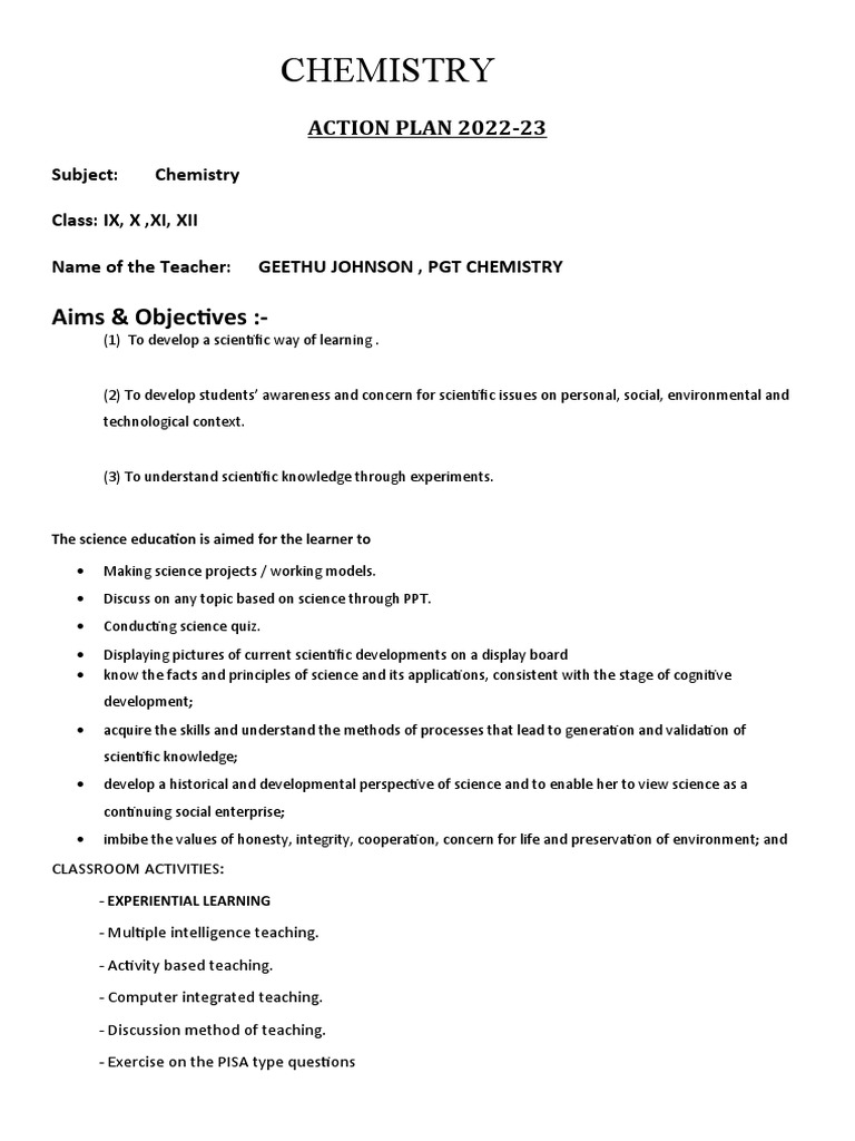 Chemistry Action Plan 22-23 | PDF | Teaching Method | Science