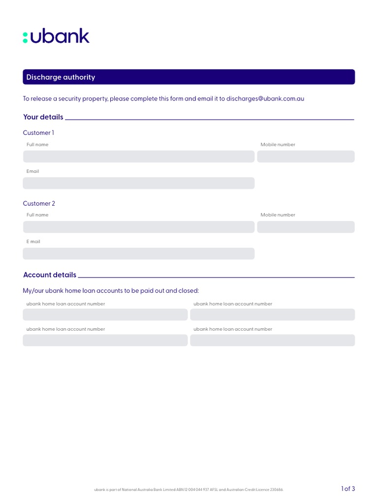 Ubank Discharge Authority Form v2211 | PDF | Loans | Mortgage Loan